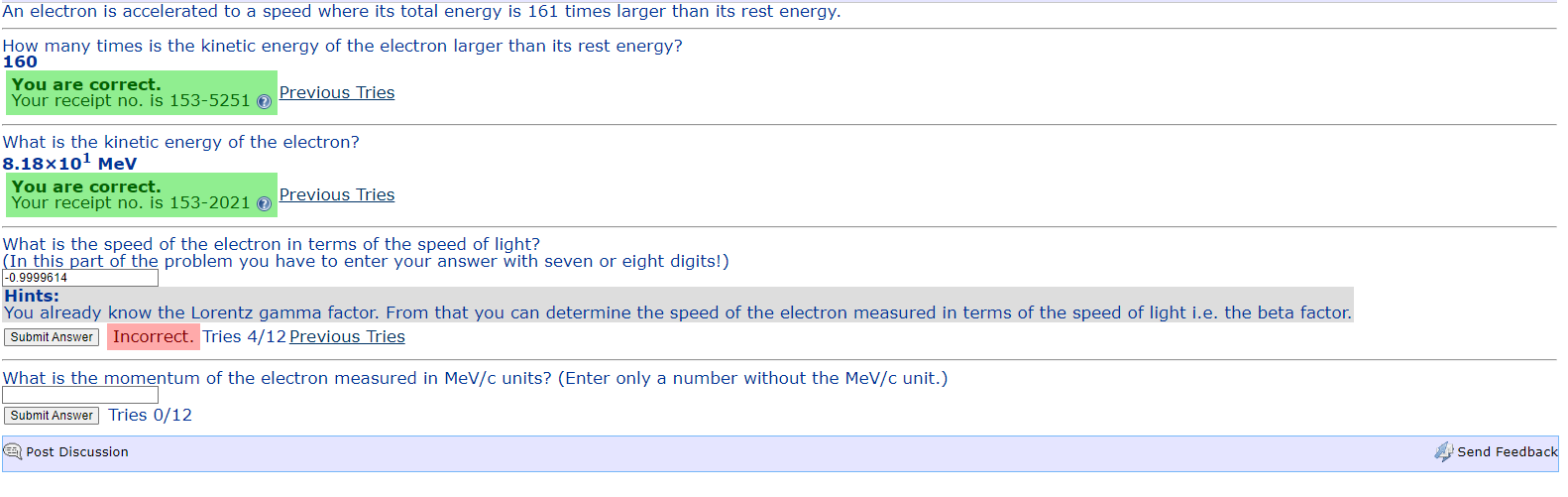 Solved An Electron Is Accelerated To A Speed Where Its Total