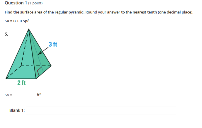 Solved Question 1 (1 point) Find the surface area of the | Chegg.com