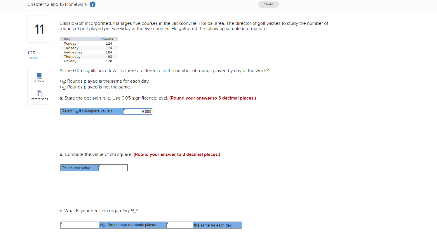 Solved Chapter 12 and 15 Homework Saved 11 Classic Golf | Chegg.com
