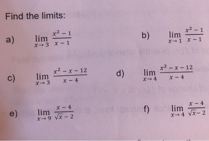 Solved Find the limits: 2 a) lim1 lim c) lim12 im 2 d) lim | Chegg.com