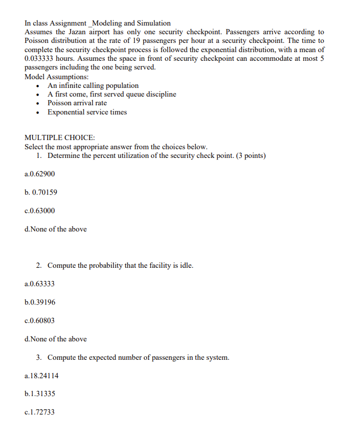 Solved In class Assignment_Modeling and Simulation Assumes | Chegg.com