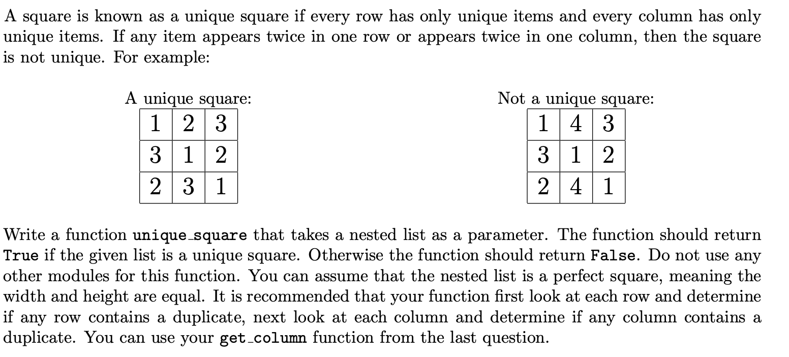 Solved A square is known as a unique square if every row has | Chegg.com