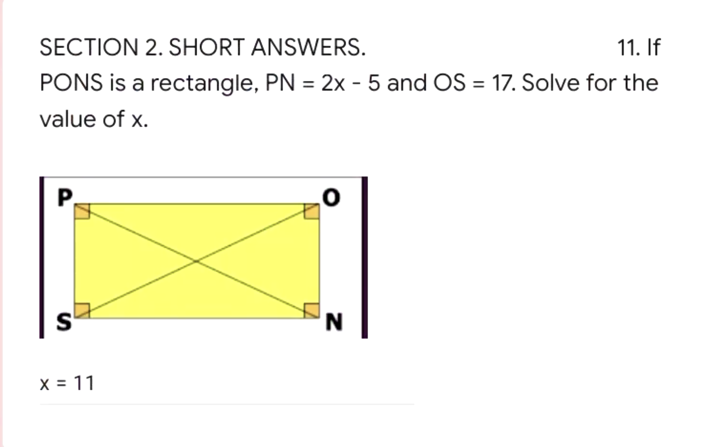 Solved SECTION 2. SHORT ANSWERS. 11. If PONS is a rectangle, | Chegg.com
