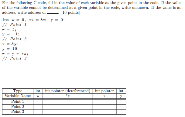 For the following code, fill in the value of each | Chegg.com