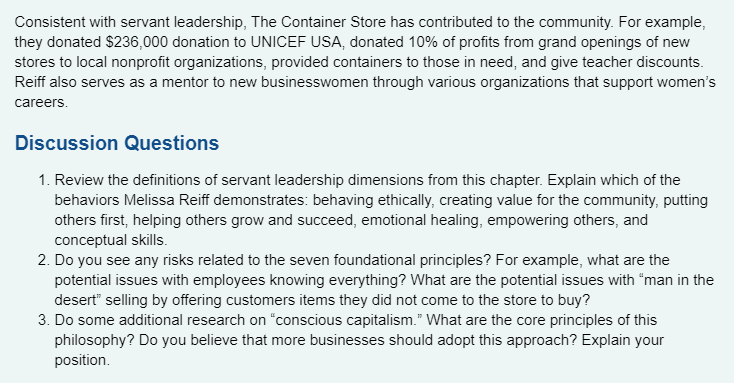 Solved : Melissa Reltt: Servant Leader of the container | Chegg.com