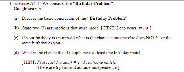 Solved 4. Exercise A4.4 We consider the "Birthday Problem" | Chegg.com