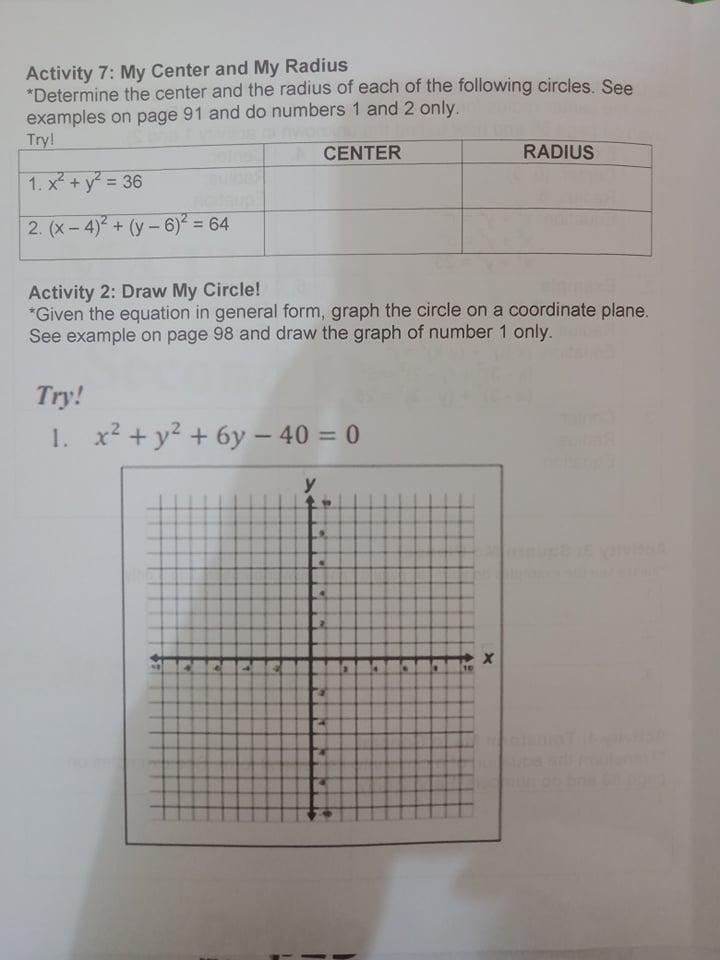 Solved Activity 7: My Center and My Radius *Determine the | Chegg.com