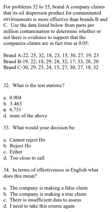 Solved For problems 32 to 35, brand A company claims that | Chegg.com