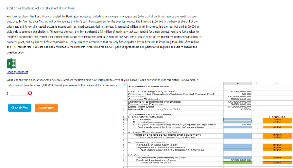 Solved Excel Online Structured Activity: Statement of cash | Chegg.com