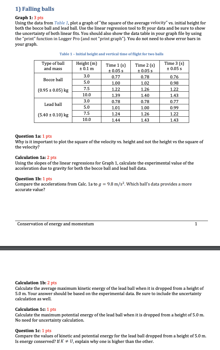 Solved 1) Falling balls Graph 1: 3 pts Using the data from | Chegg.com