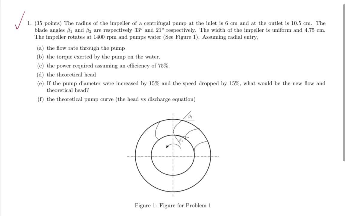 Solved 1. (35 points) The radius of the impeller of a | Chegg.com