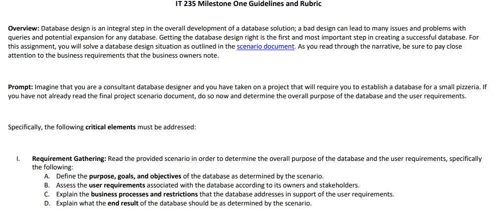 Solved IT 235 Milestone One Guidelines and Rubric Overview: | Chegg.com