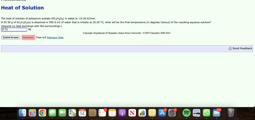 Solved The heat of solution of potassium acetate (KC2H3O2) | Chegg.com