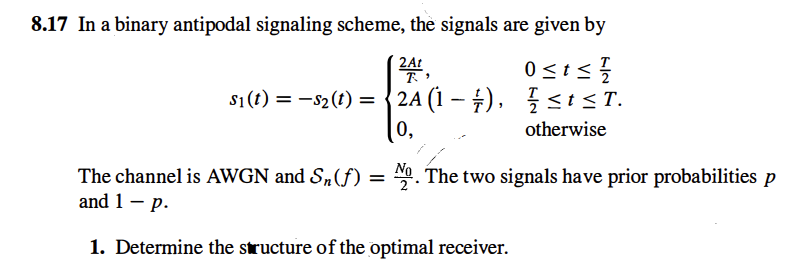 Solved 8.17 In a binary antipodal signaling scheme, the | Chegg.com