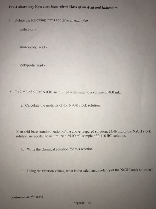 Solved Pre-Laboratory Exercise: Equivalent Mass of an Acid | Chegg.com