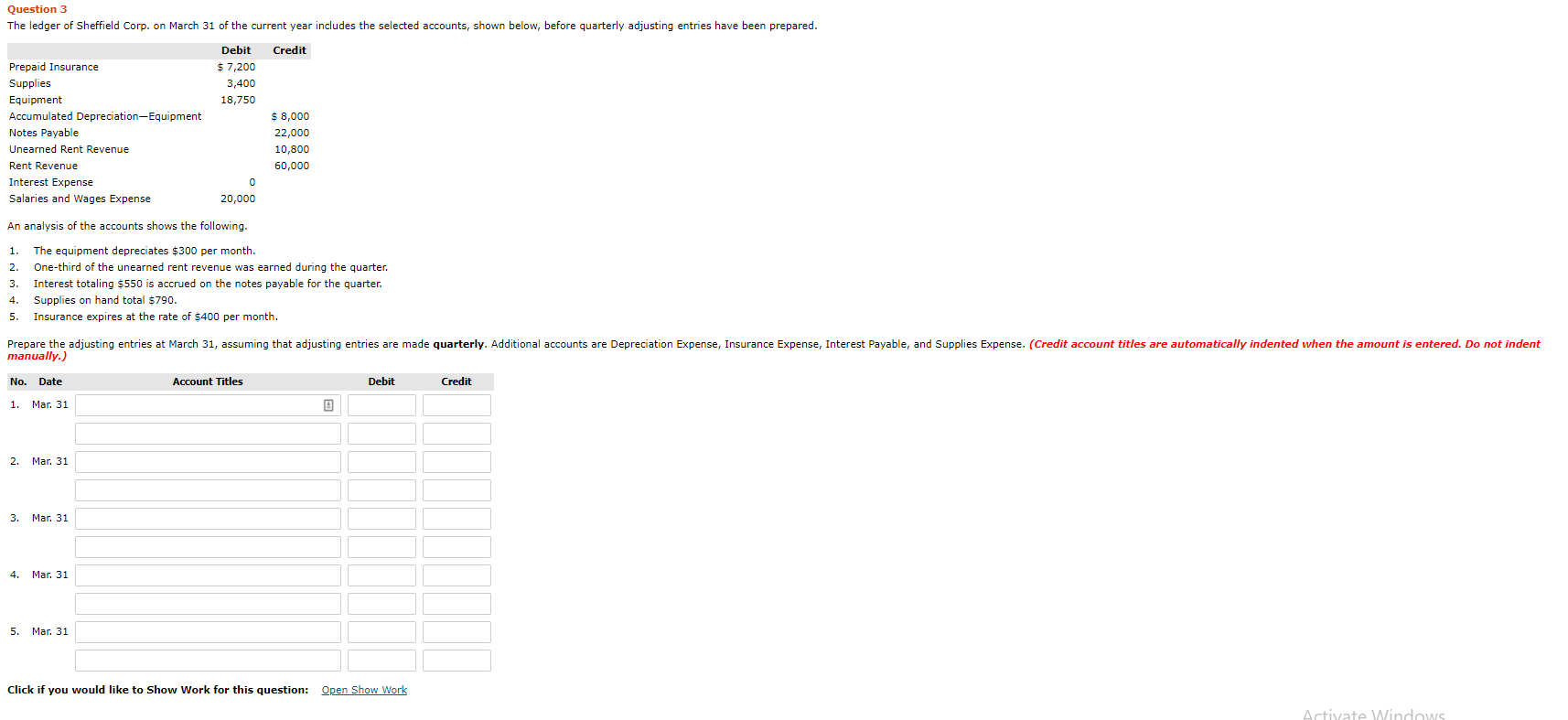 Solved The ledger of Sheffield Corp. on March 31 of the | Chegg.com