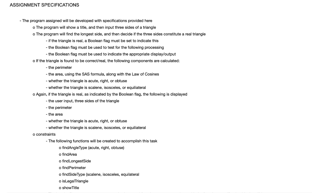Solved ASSIGNMENT SPECIFICATIONS - The program assigned will | Chegg.com