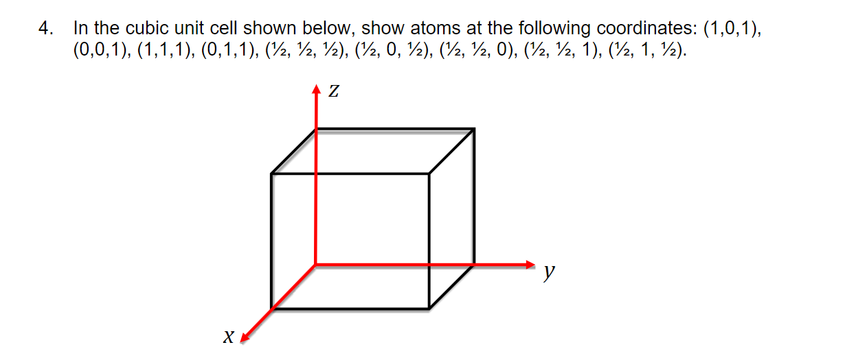 Solved 4. In the cubic unit cell shown below, show atoms at | Chegg.com