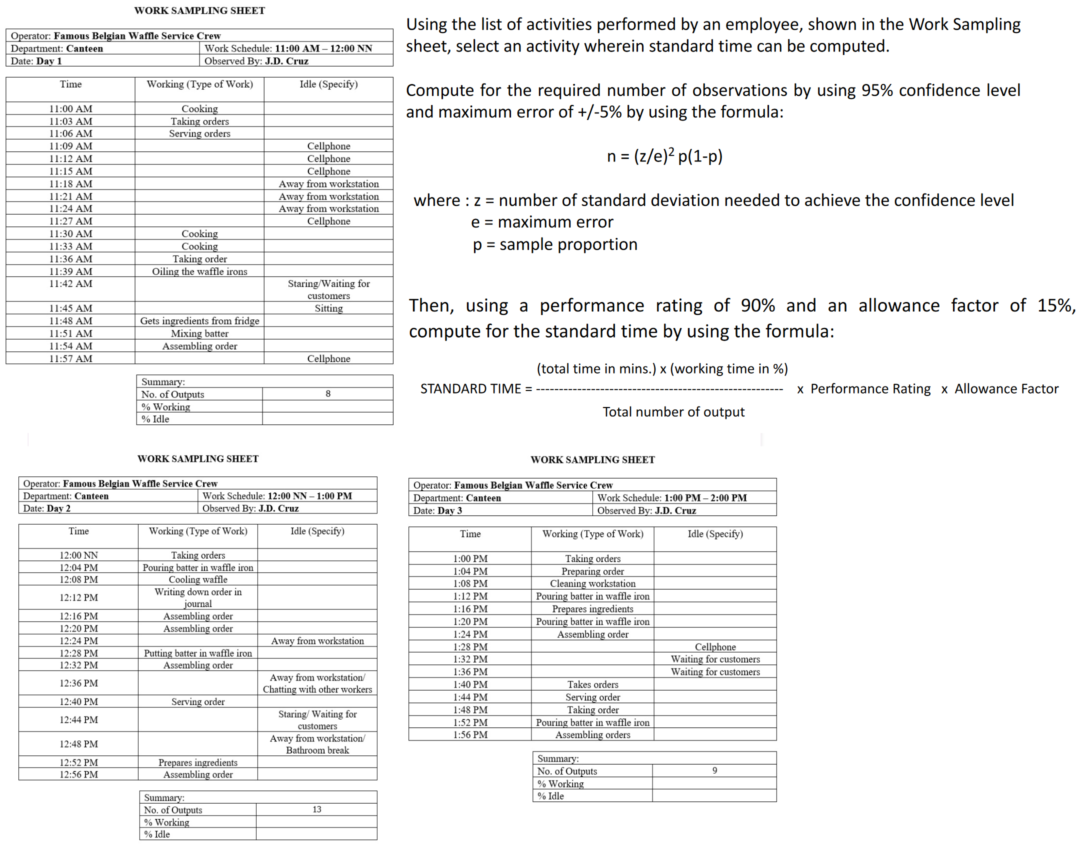 Solved WORK SAMPLING SHEET Using the list of activities | Chegg.com
