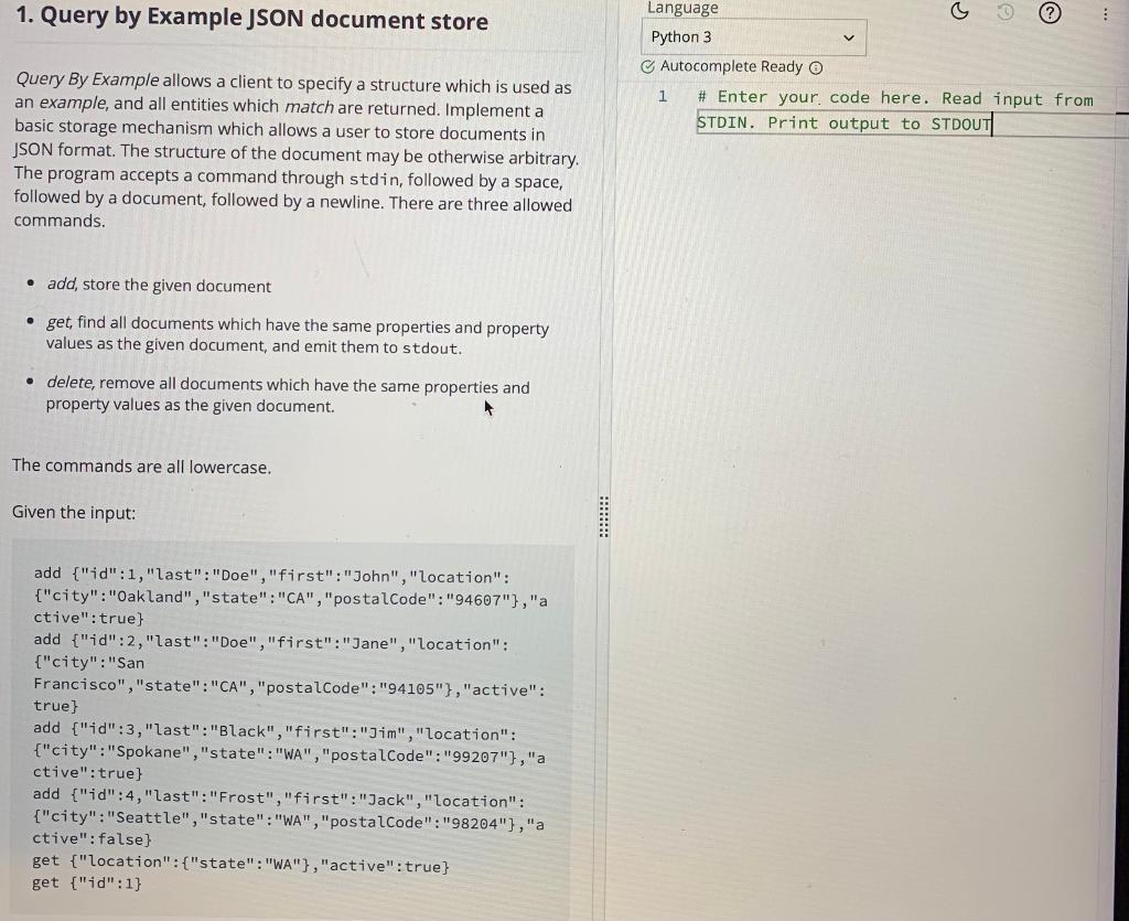 1. Query by Example JSON document store Language c 0 | Chegg.com