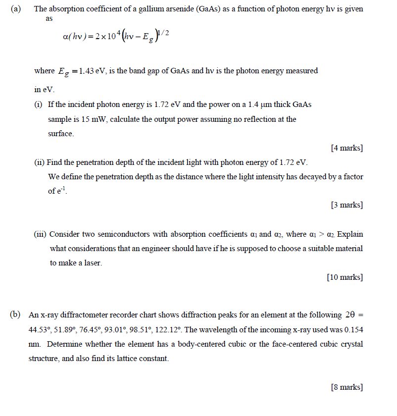 Solved (a) The absorption coefficient of a gallium arsenide | Chegg.com