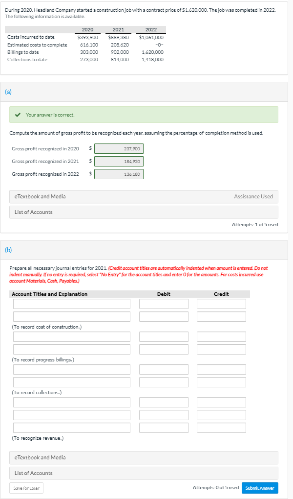 Solved During 2020, Headland Company started a construction | Chegg.com