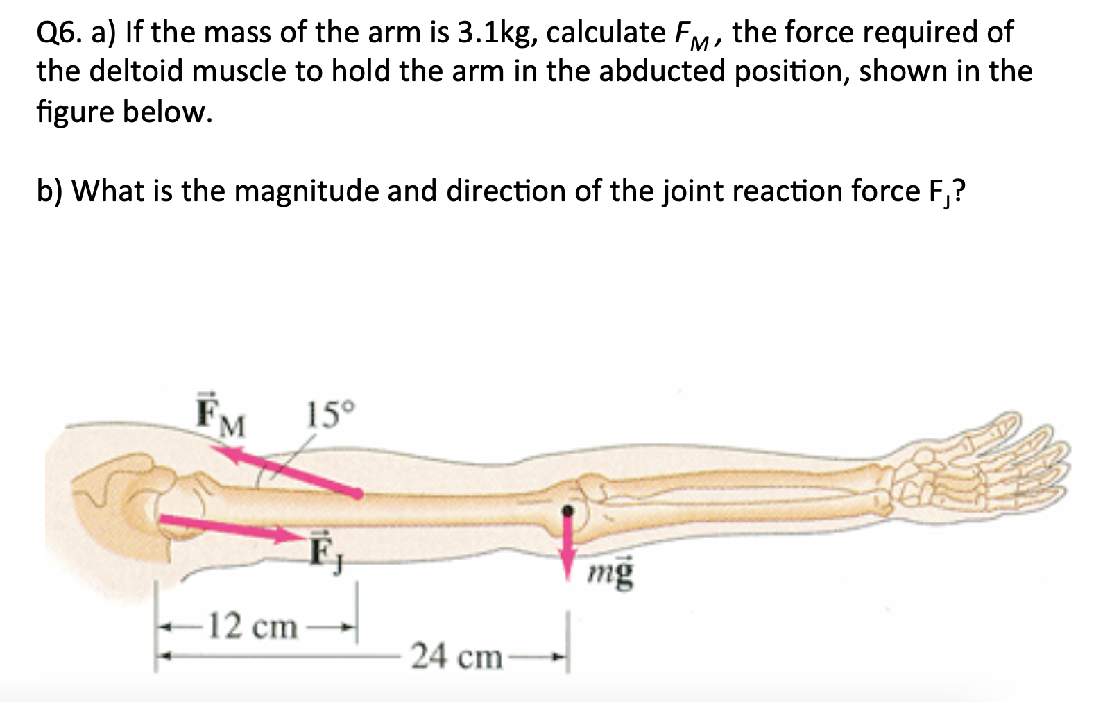 Solved Q6. a) If the mass of the arm is 3.1kg, calculate Fm, | Chegg.com
