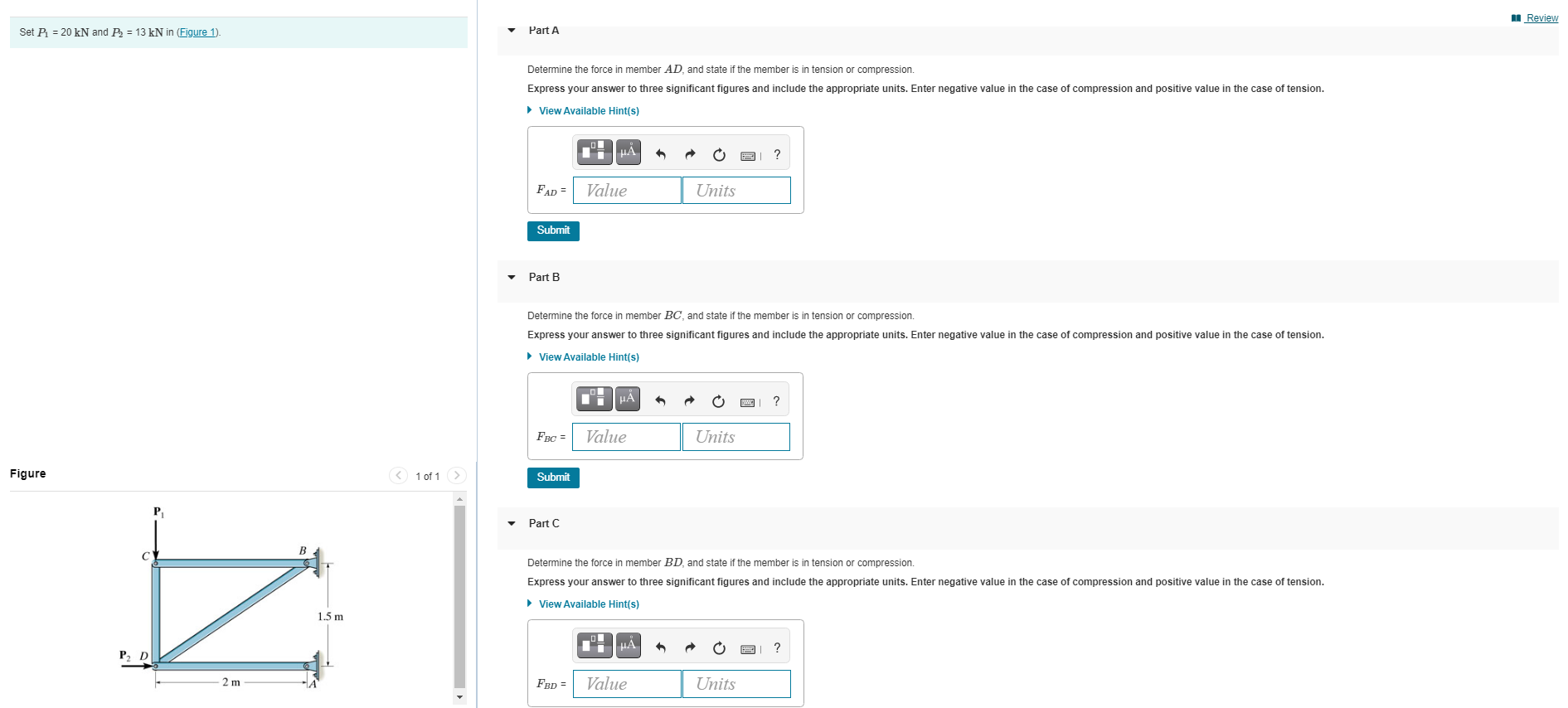 Solved Review Set Pi = 20 kN and = 13 kN in (Figure 1). Part | Chegg.com