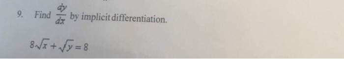 Solved Find dy/dx by implicit differentiation. 8 squareroot | Chegg.com