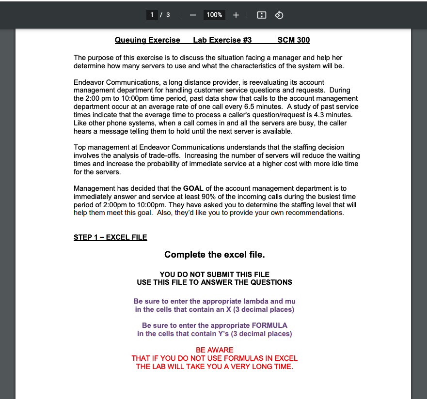 Solved 1 / 3 100% + | @ Queuing Exercise Lab Exercise #3 SCM | Chegg.com