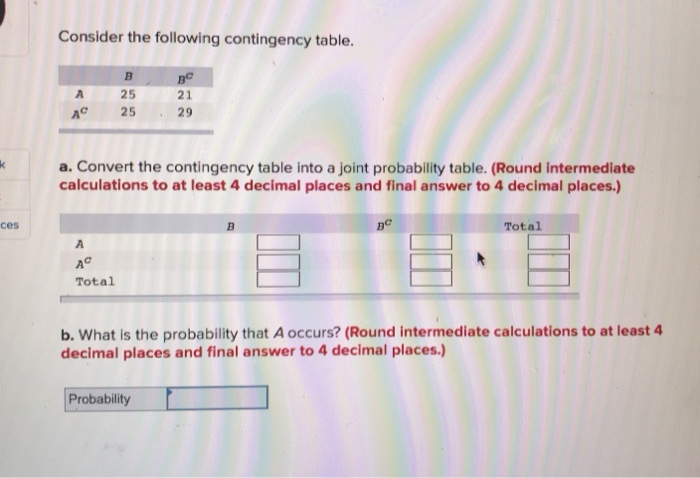 Solved Consider the following contingency table. Вс 21 29 A | Chegg.com