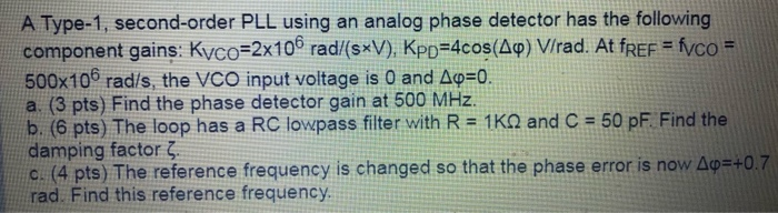 A Type-1, second-order PLL using an analog phase | Chegg.com