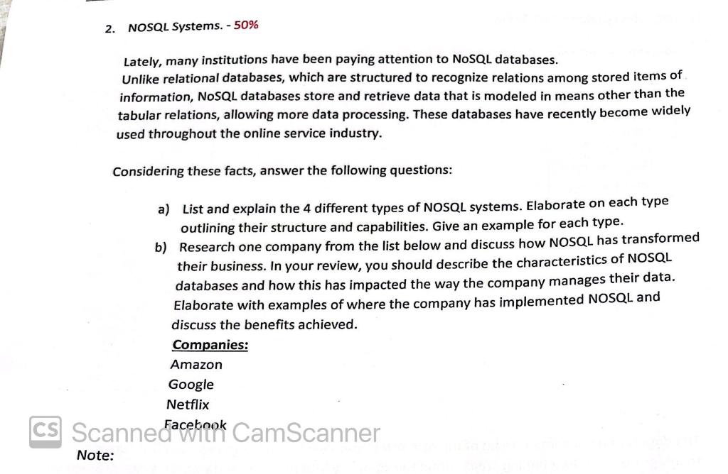 Solved 2. NOSQL Systems. - 50% Lately, many institutions | Chegg.com