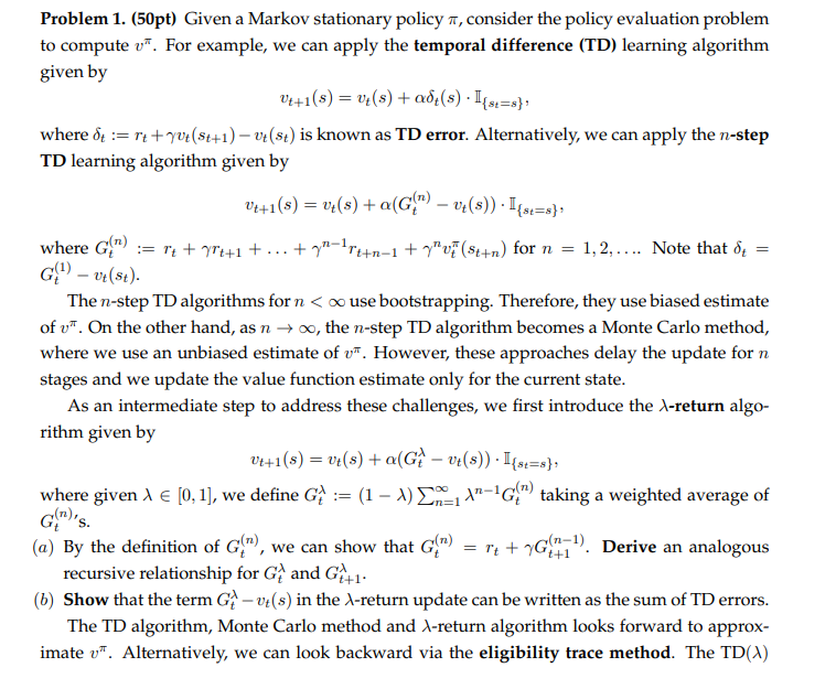 Solved Problem 1. (50pt) Given a Markov stationary policy π, | Chegg.com