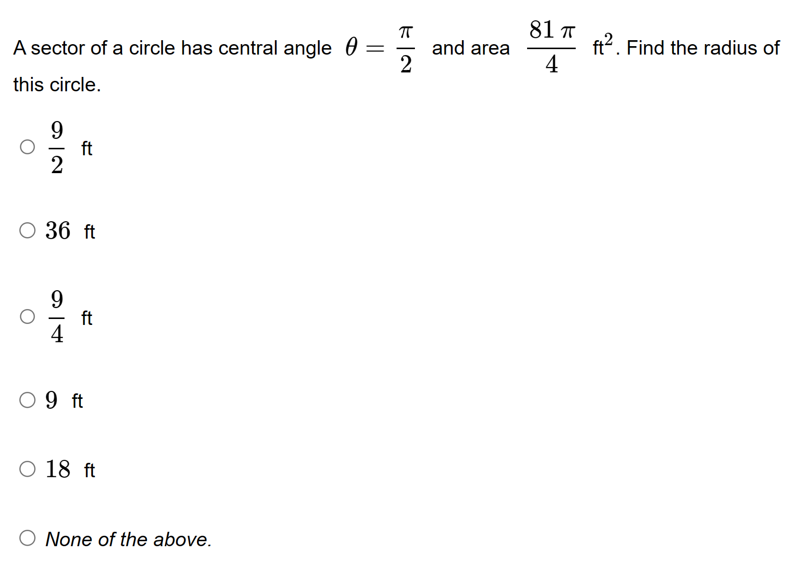 Solved A sector of a circle has central angle θ=2π and area | Chegg.com