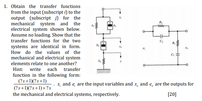 Solved 1. Obtain the transfer functions from the input | Chegg.com