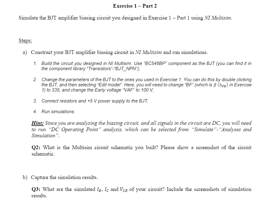 Exercise 1 - Part 2 Simulate the BJT amplifier | Chegg.com