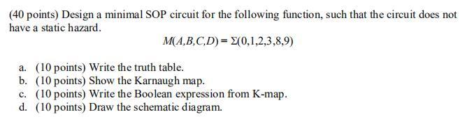 Solved (40 points) Design a minimal SOP circuit for the | Chegg.com