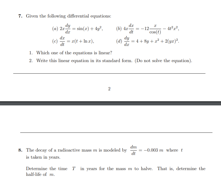 Solved 7. Given the following differential equations: (a) | Chegg.com