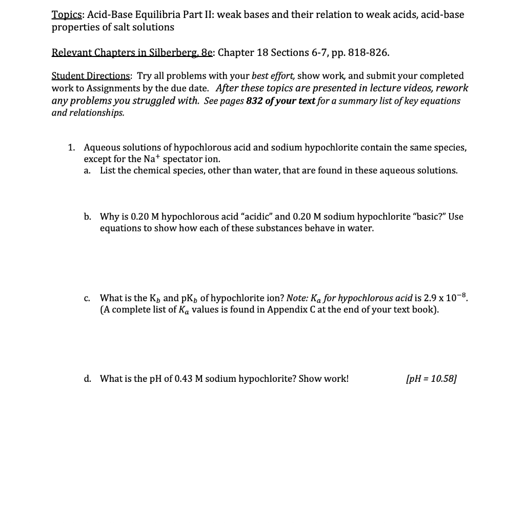 Solved Topics: Acid-Base Equilibria Part II: weak bases and | Chegg.com