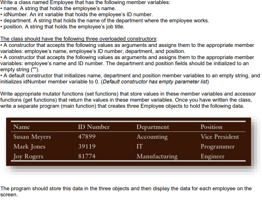 Write a class named Employee that has the following | Chegg.com