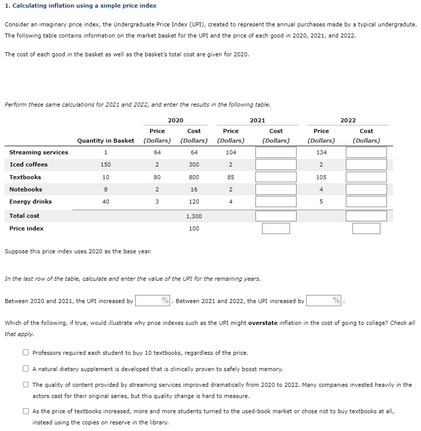 Solved 1. Calculating inflation using a simple price index | Chegg.com
