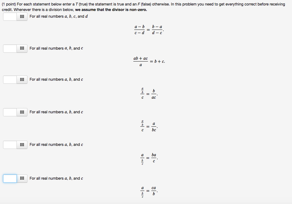 Solved (1 point) For each statement below enter a T (true) | Chegg.com