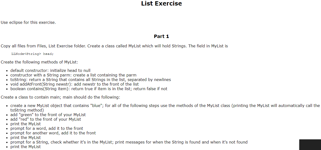 Solved List Exercise Use eclipse for this exercise. Part 1 | Chegg.com
