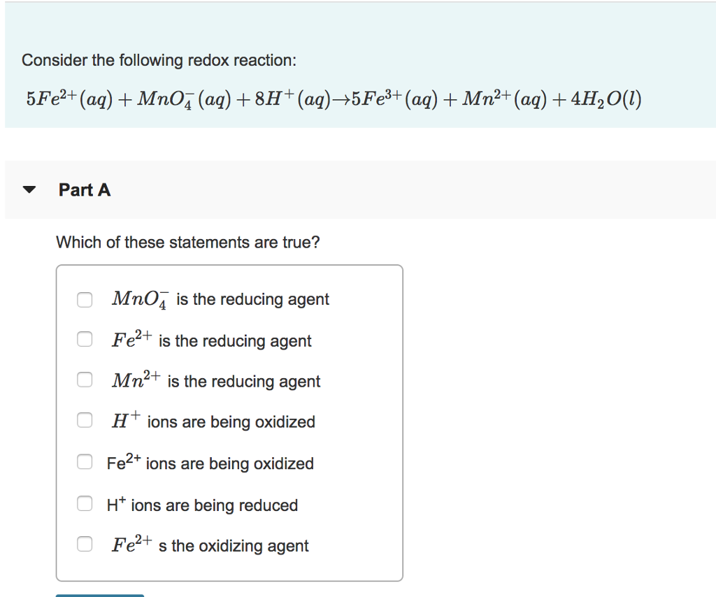 Solved Consider the following redox reaction: 5Fe2+(aq) + | Chegg.com