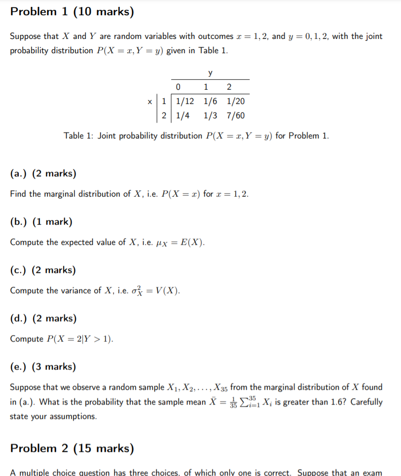 Solved Problem 1 (10 marks) Suppose that X and Y are random | Chegg.com