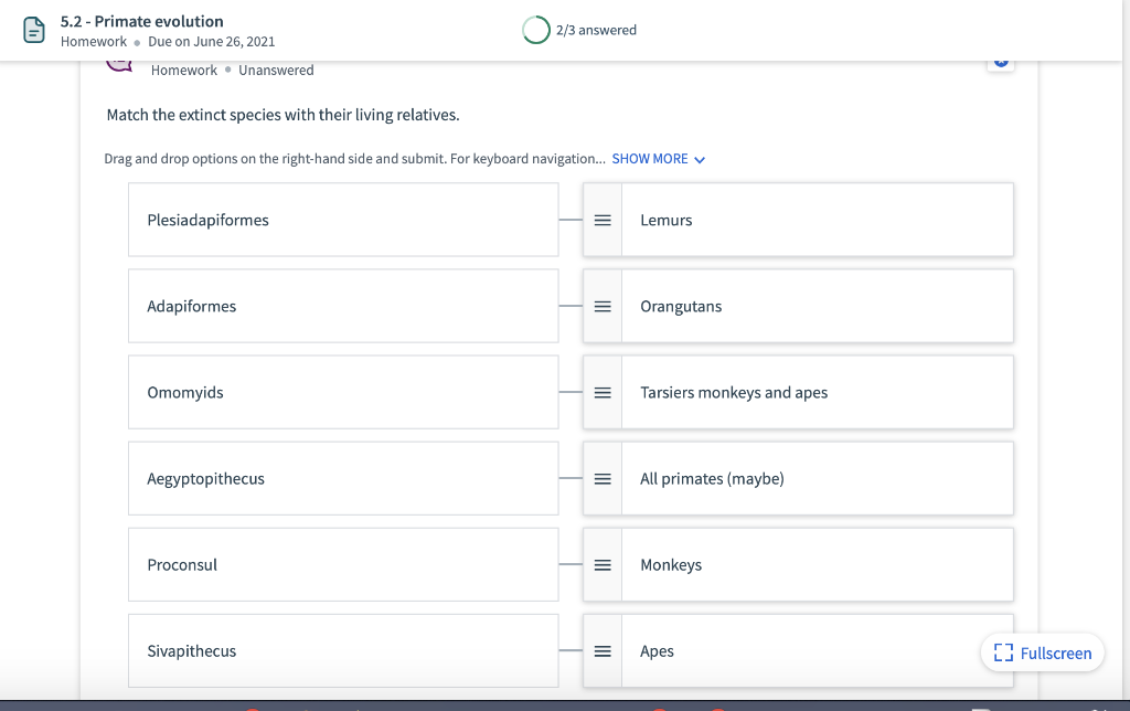 Solved U 2/3 answered 5.2 - Primate evolution Homework . Due | Chegg.com