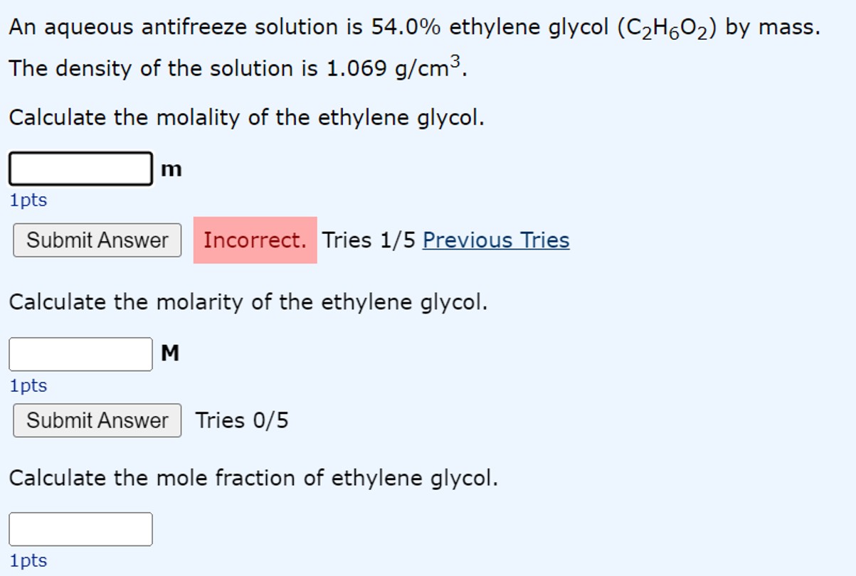 Solved An aqueous antifreeze solution is 54.0% ﻿ethylene | Chegg.com