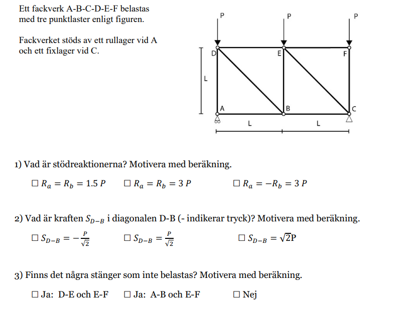 Ett fackverk A-B-C-D-E-F belastasmed tre punktlaster | Chegg.com
