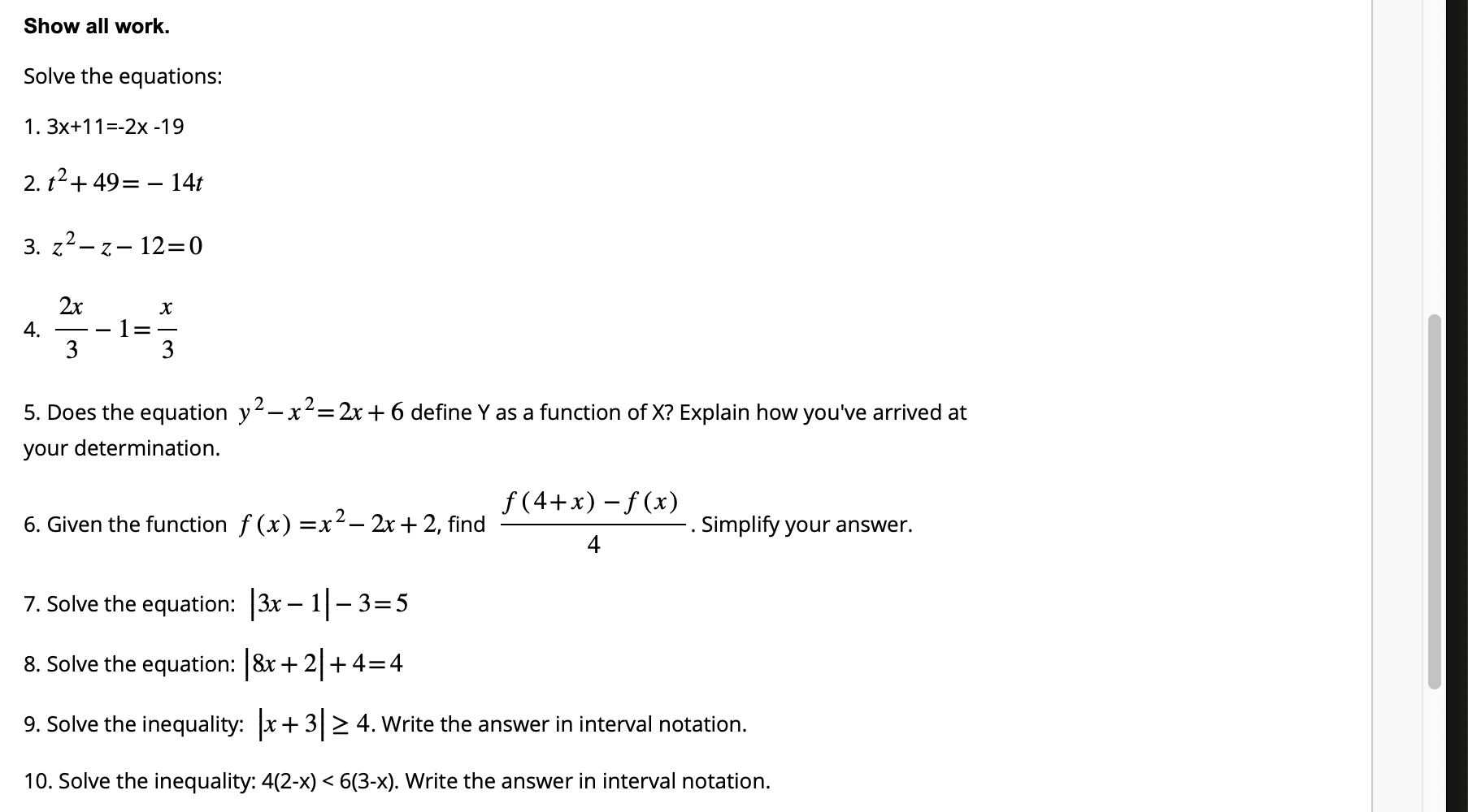 Solved Show all work. Solve the equations: 1. 3x+11=−2x−19 | Chegg.com